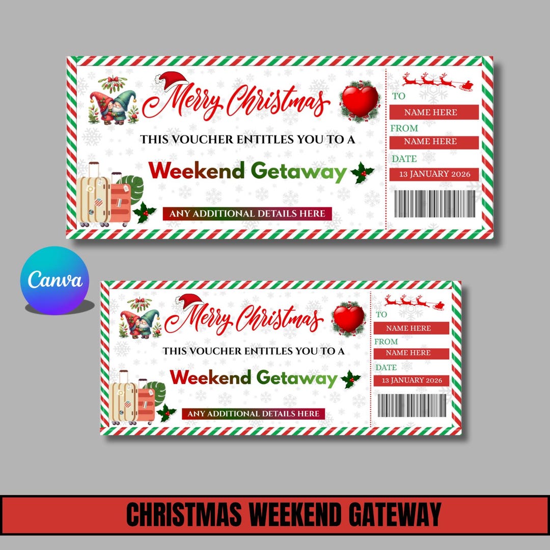 Christmas Weekend Getaway Gift Ticket, Christmas Trip Reveal Voucher ...