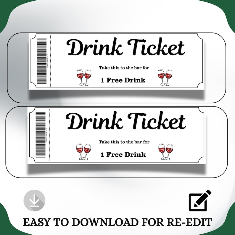Free Drink Ticket, Party Voucher & Bar Pass, Printable Event Coupon and ...