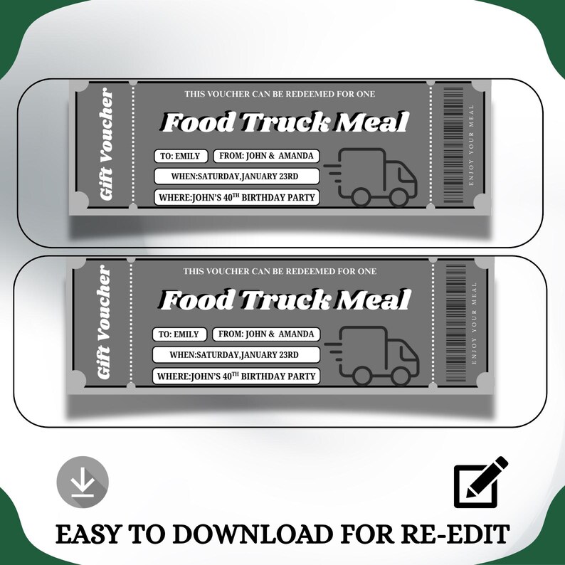 Customizable Digital Editable Food Truck Meal Ticket | Printable Gift ...