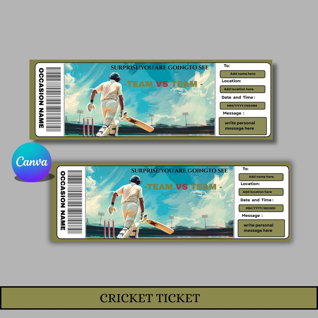 Editable Cricket Tickets | Printable Game Day Gift Ticket ...