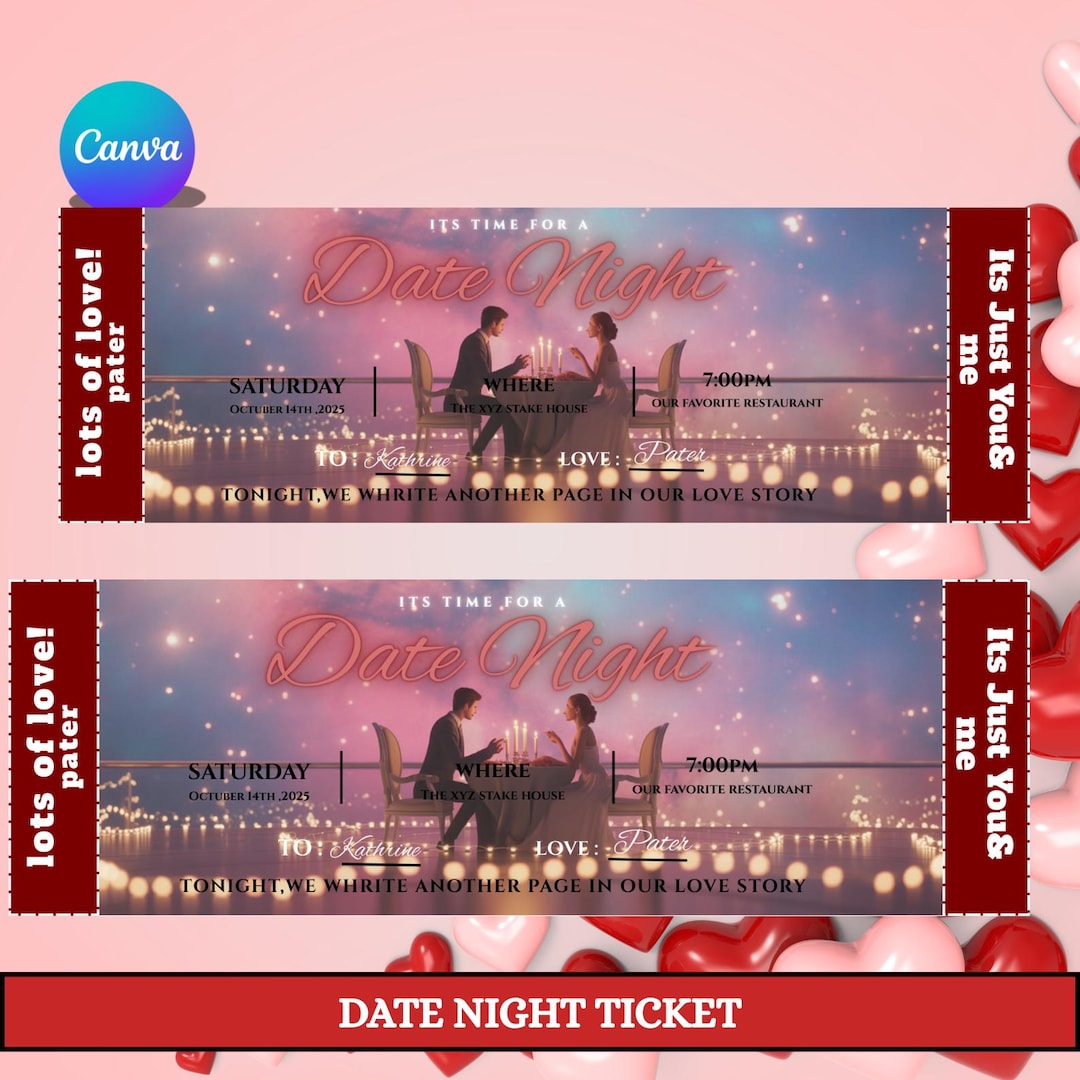 Date Night Ticket Template, Movie Night, Editable Surprise Dinner ...