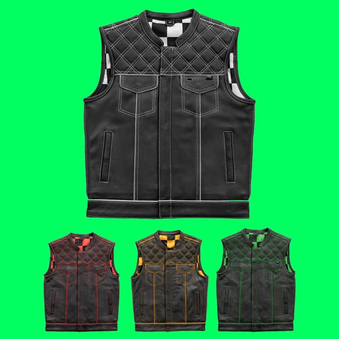 Buffalo Leather Biker Vest: Club Style Motorcycle Vest With Checkered ...