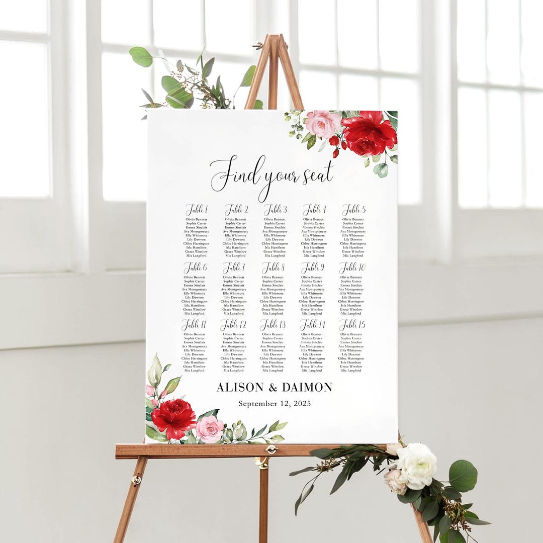 Red and Blush Pink Seating Chart Canva Template, Editable Wedding Table ...