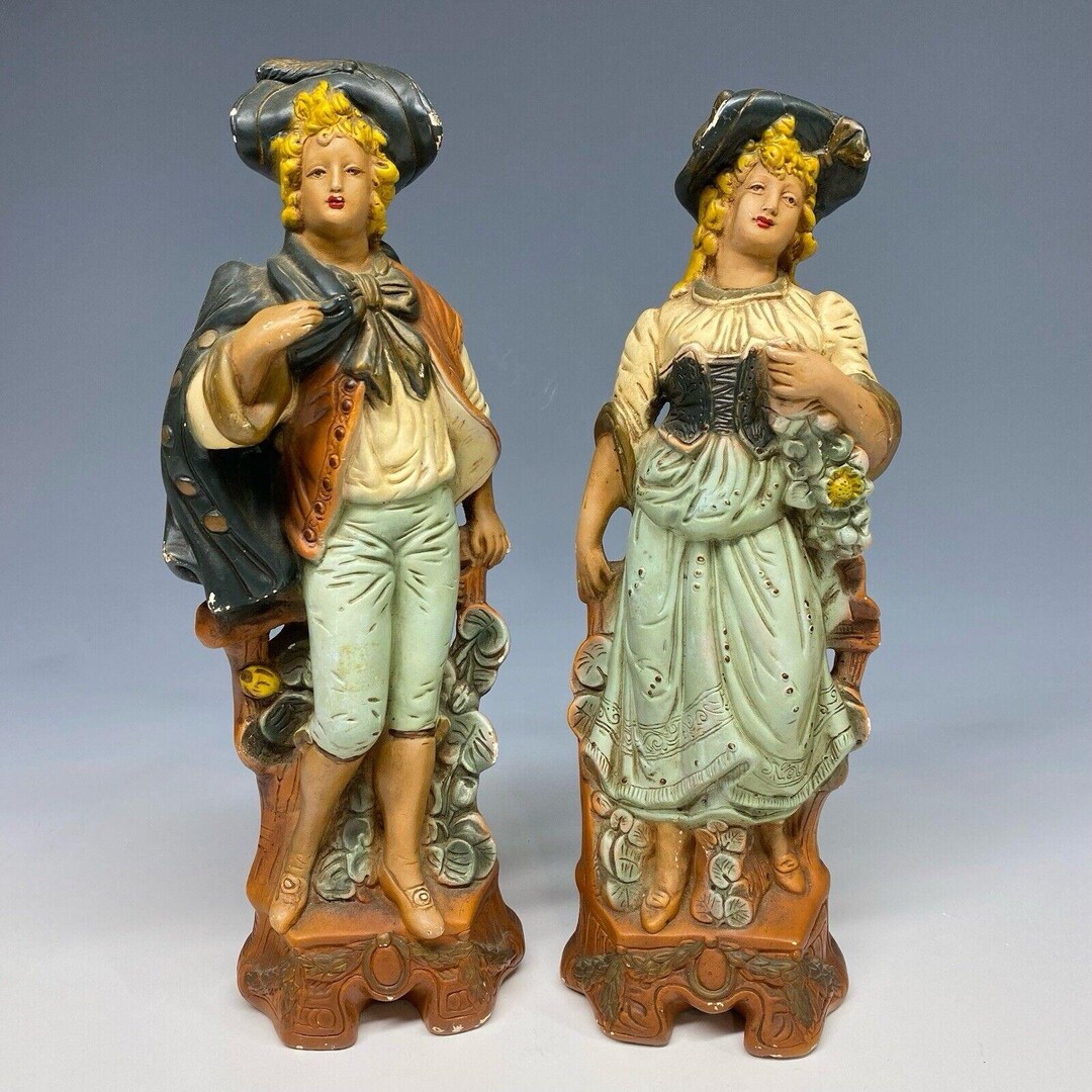 2 Chalkware Statues Shabby Chic Mid Century Chippy Figurine 18th ...