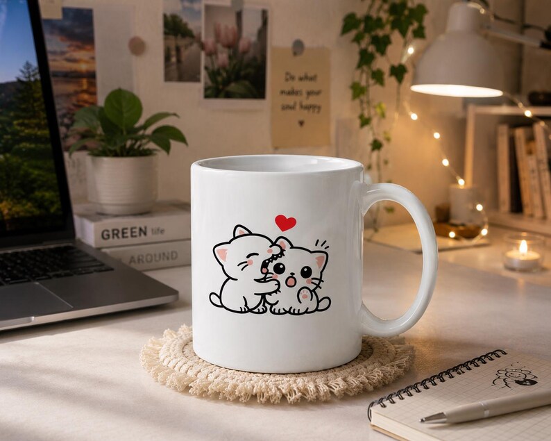 Kawaii Kittens Ceramic Mug, Romantic Couple Cat Drinkware, Cozy Tea Cup ...