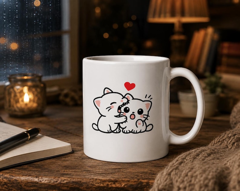Kawaii Kittens Ceramic Mug, Romantic Couple Cat Drinkware, Cozy Tea Cup ...