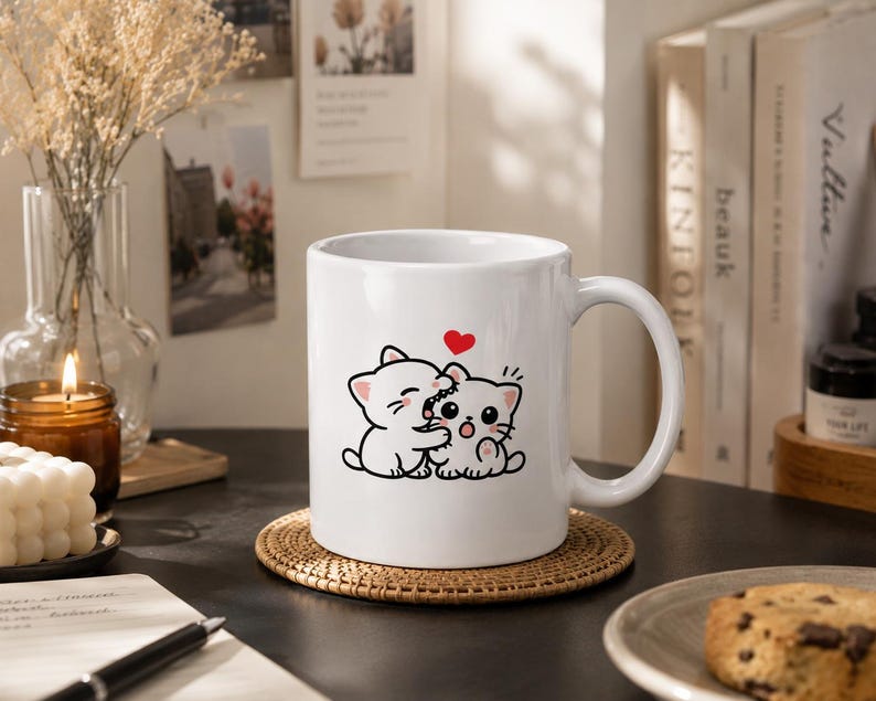 Kawaii Kittens Ceramic Mug, Romantic Couple Cat Drinkware, Cozy Tea Cup ...
