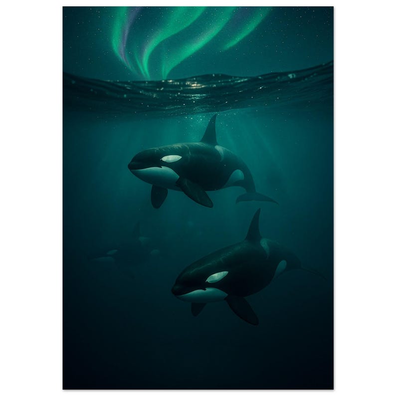 Orca Poster – Arctic Ocean Wall Art, Killer Whales Under Northern ...