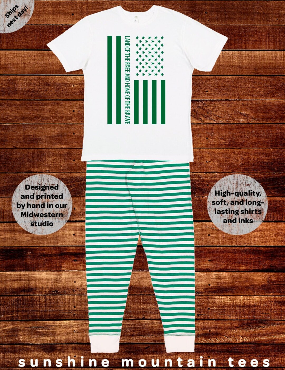 American Flag Pajamas Family Matching Pajamas Short Sleeved Green ...