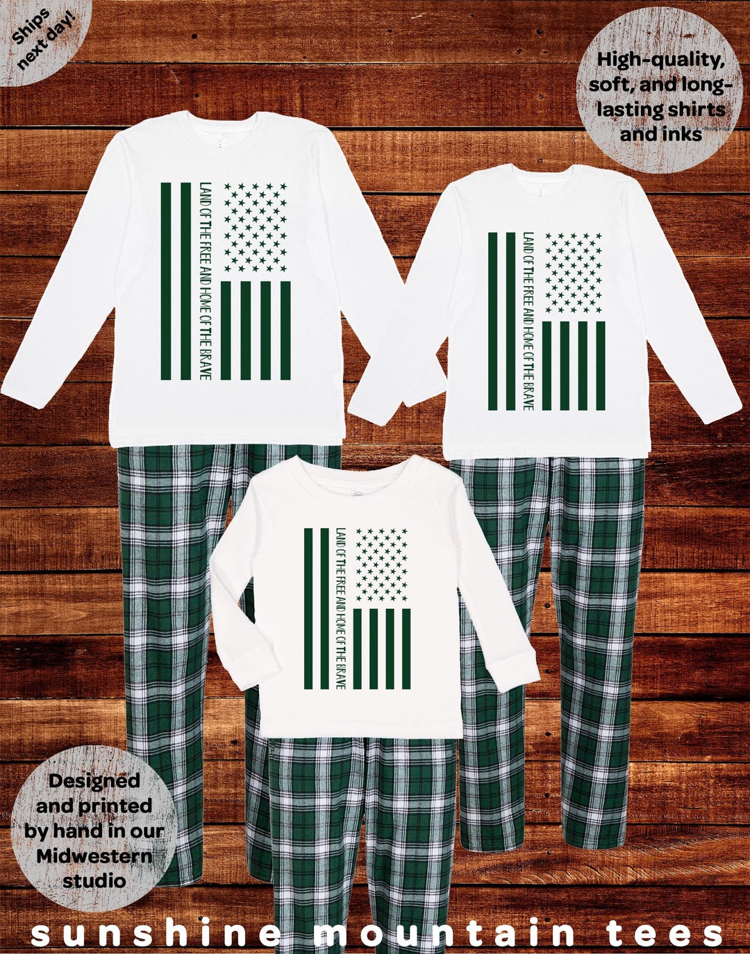 American Flag Pajamas - Green Flannel Plaid Family - Veteran Military ...