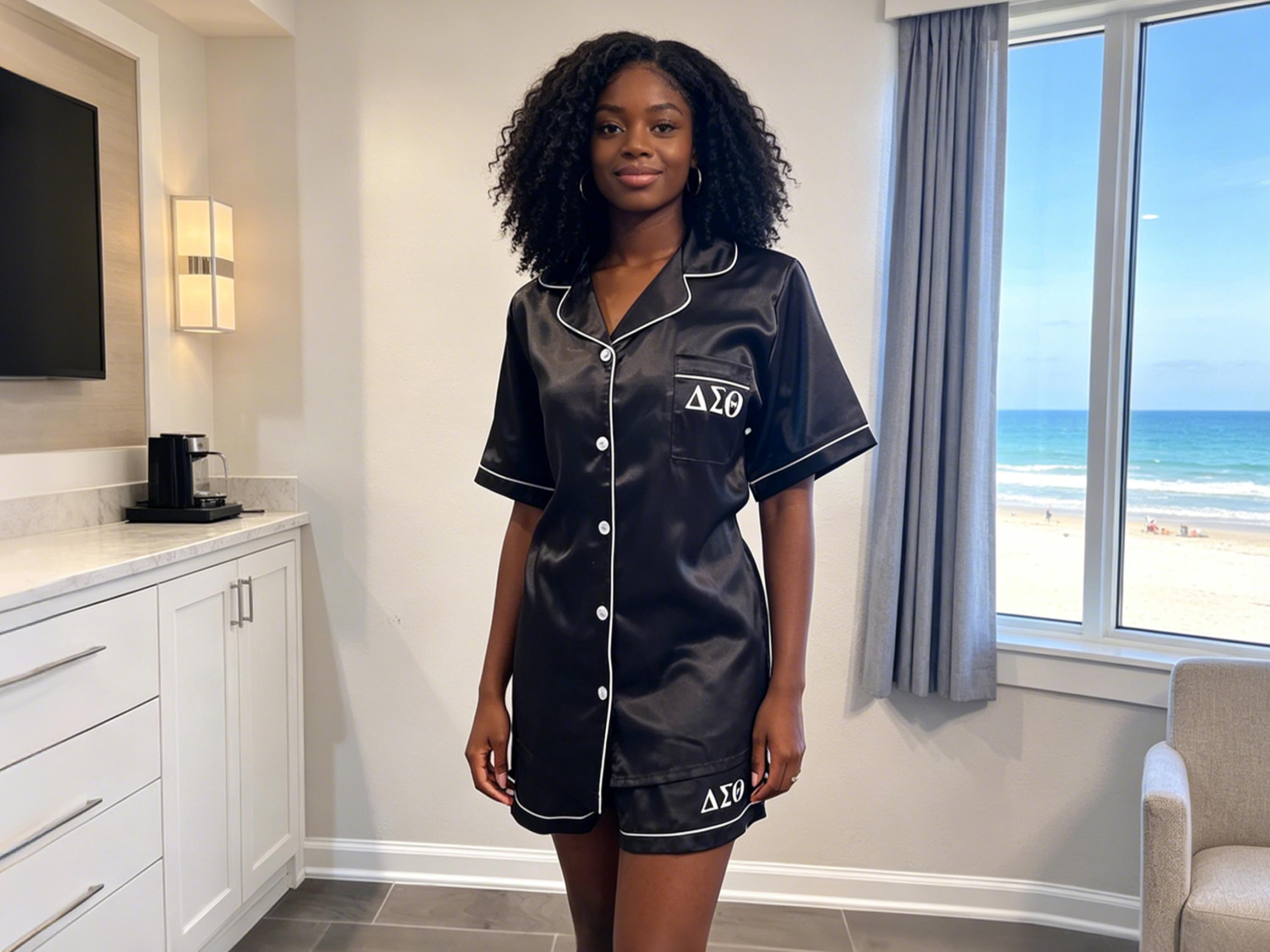 Custom Black Satin Pajamas Will Red Greek Letters, Gift for Her, Delta ...