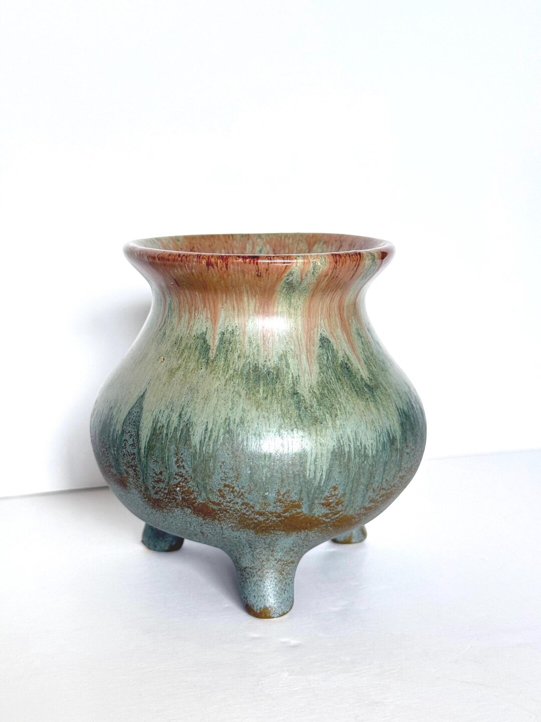 Studio Pottery Drip Glaze Footed Vessel | Green and Ocre Australian ...