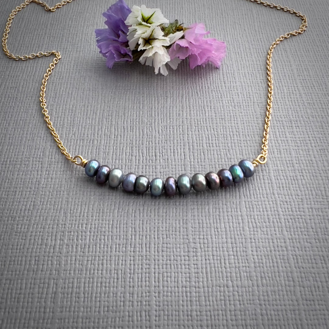 Handmade Black Pearl Skinny Bar Necklace - Tiny Freshwater Pearls on ...