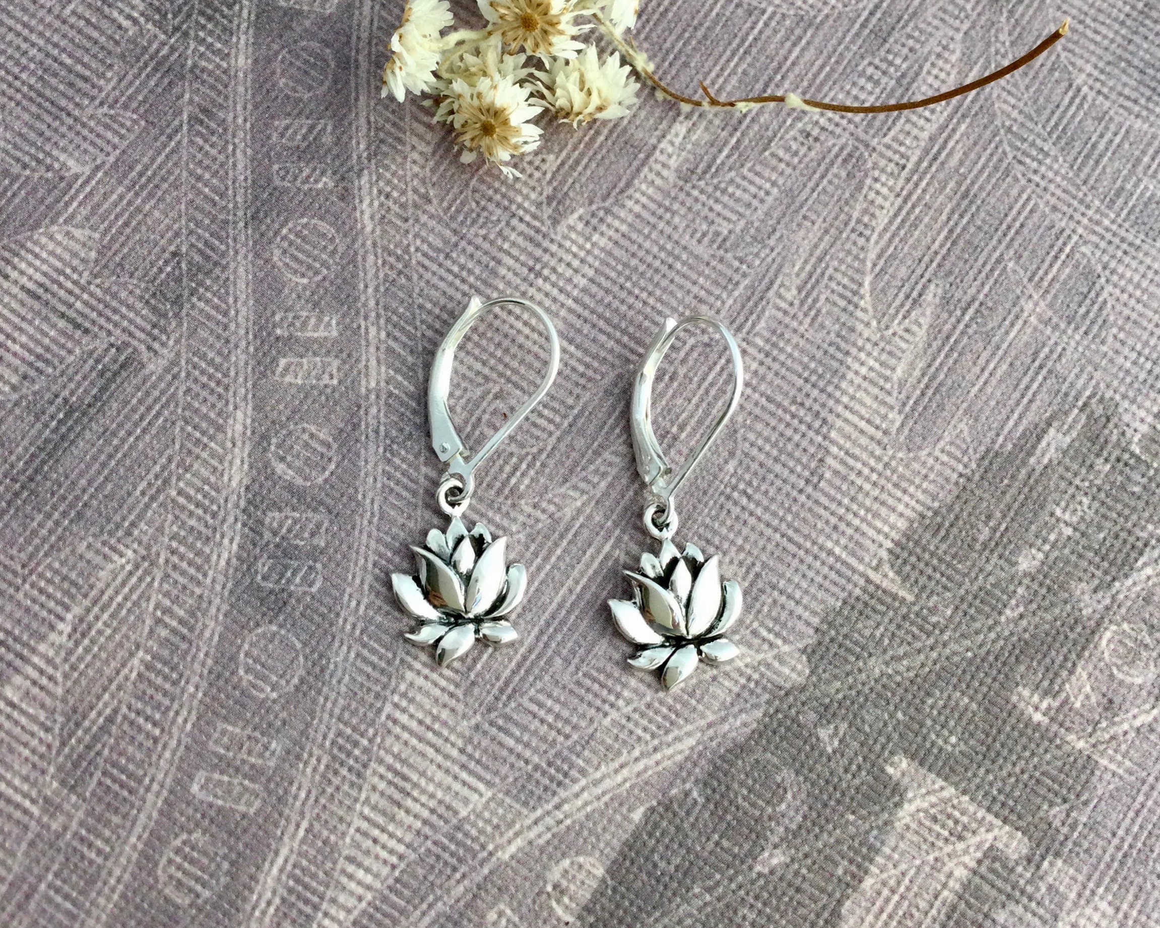 Lotus earrings Sterling silver carved lotus flower | Etsy