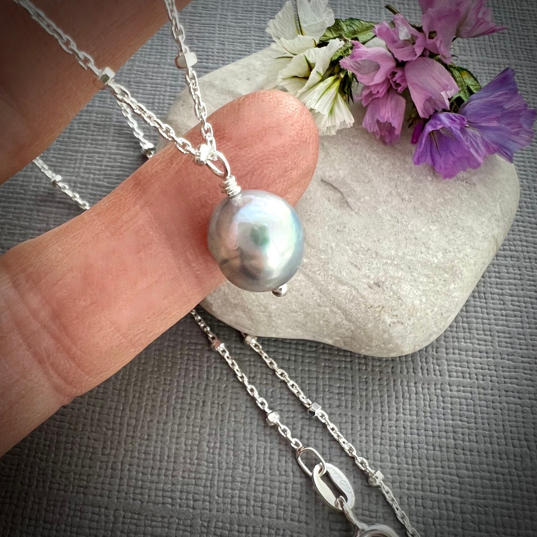Natural Ice Blue Akoya Saltwater Pearl 8mm Necklace Sterling Silver ...