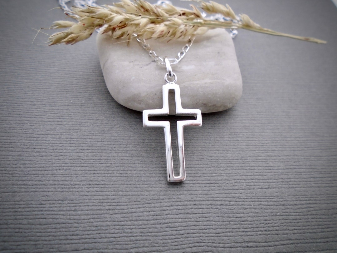 Solid Sterling Silver Cross Necklace Heavyweight Polished Open Cross ...