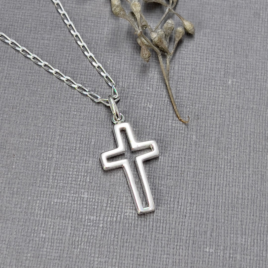 Solid Sterling Silver Cross Necklace, Heavyweight Polished Open Cross ...