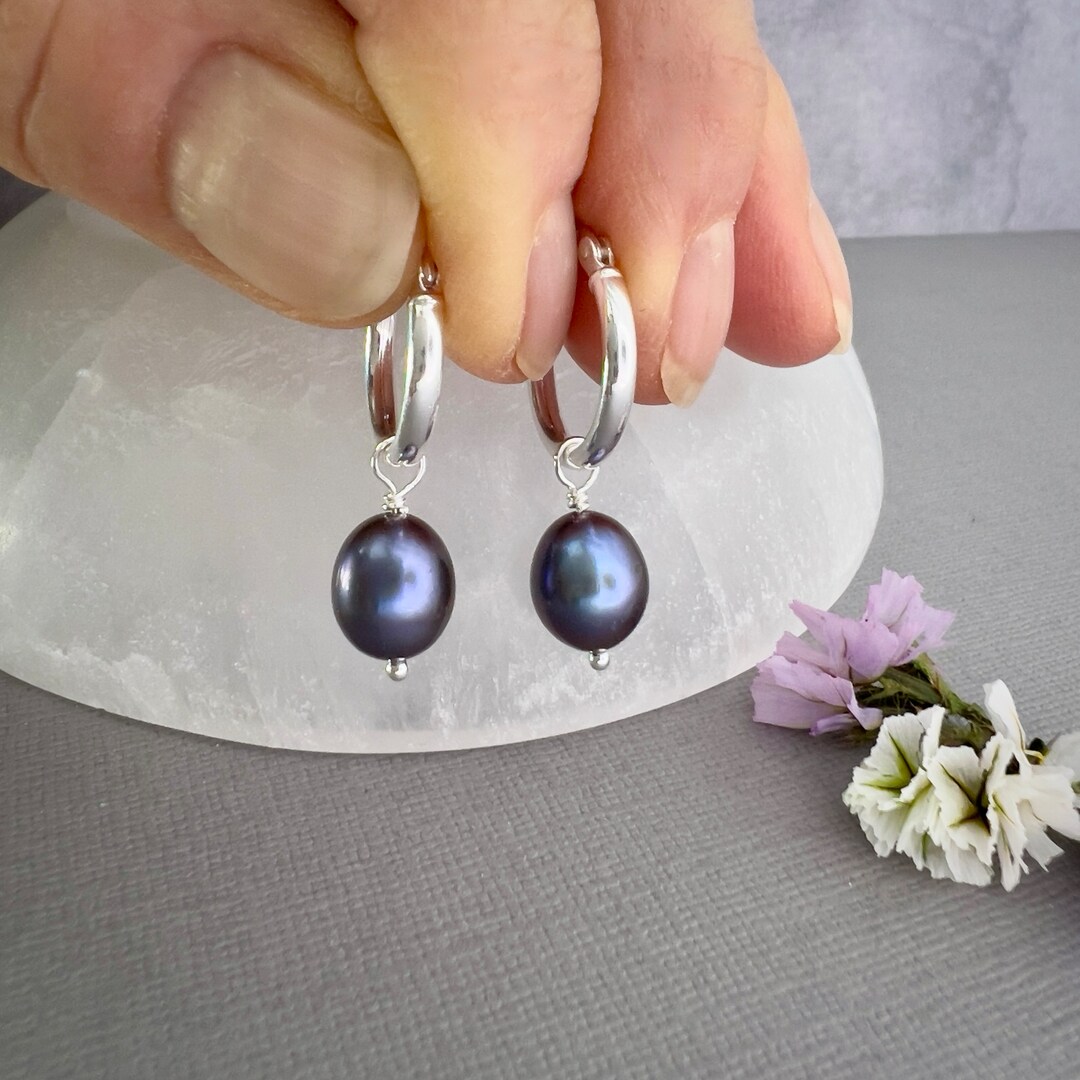 Sterling Silver Tube Hoop Earrings With Oval Black Peacock Freshwater ...
