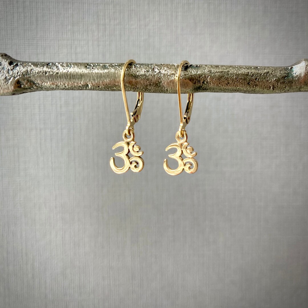 Om Earrings, Dainty Gold Namaste Charms, Leverback Earrings, Aum Ohm ...