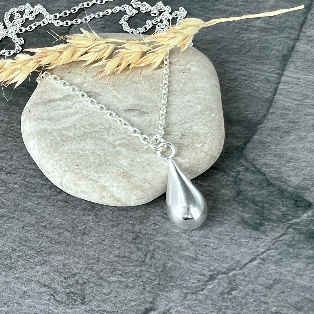 Solid Sterling Silver Drop Charm Necklace Simple Teardrop Minimalist ...