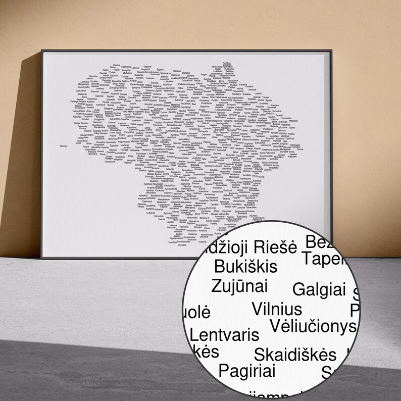 Lithuania Map of Names (light & Dark Included) | Typographic Poster ...