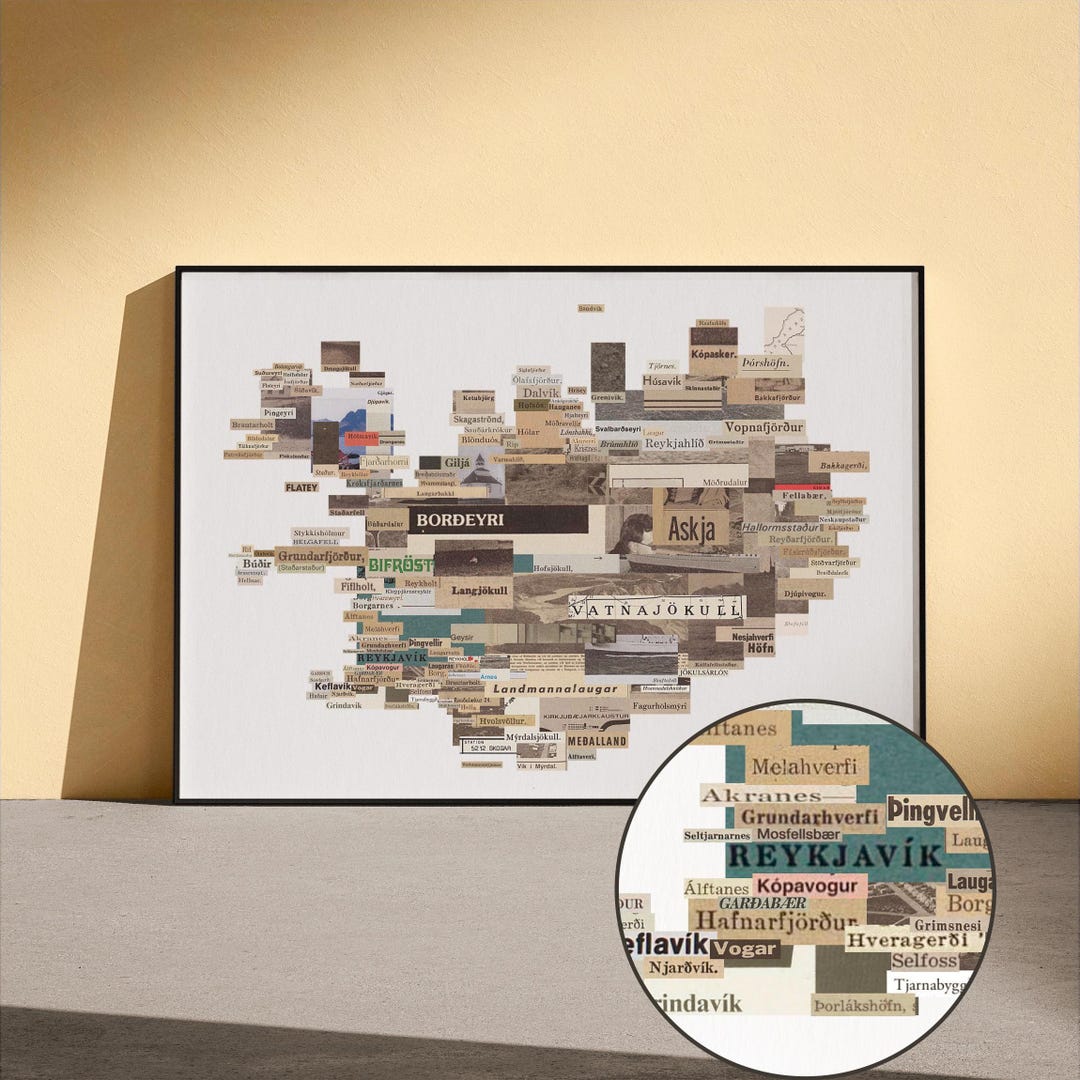 Iceland Vintage Collage Map (hand-crafted Art) | Newspaper Wall Art ...