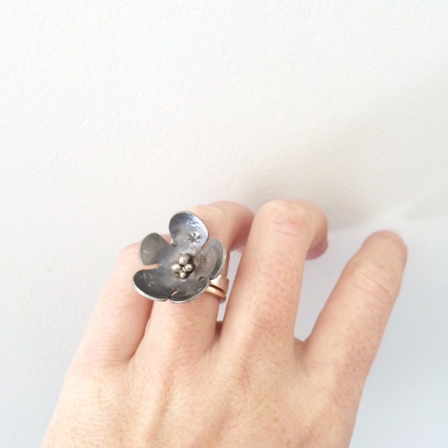 Flower Ring Large Cocktail Ring Oxidized Sterling Silver - Etsy