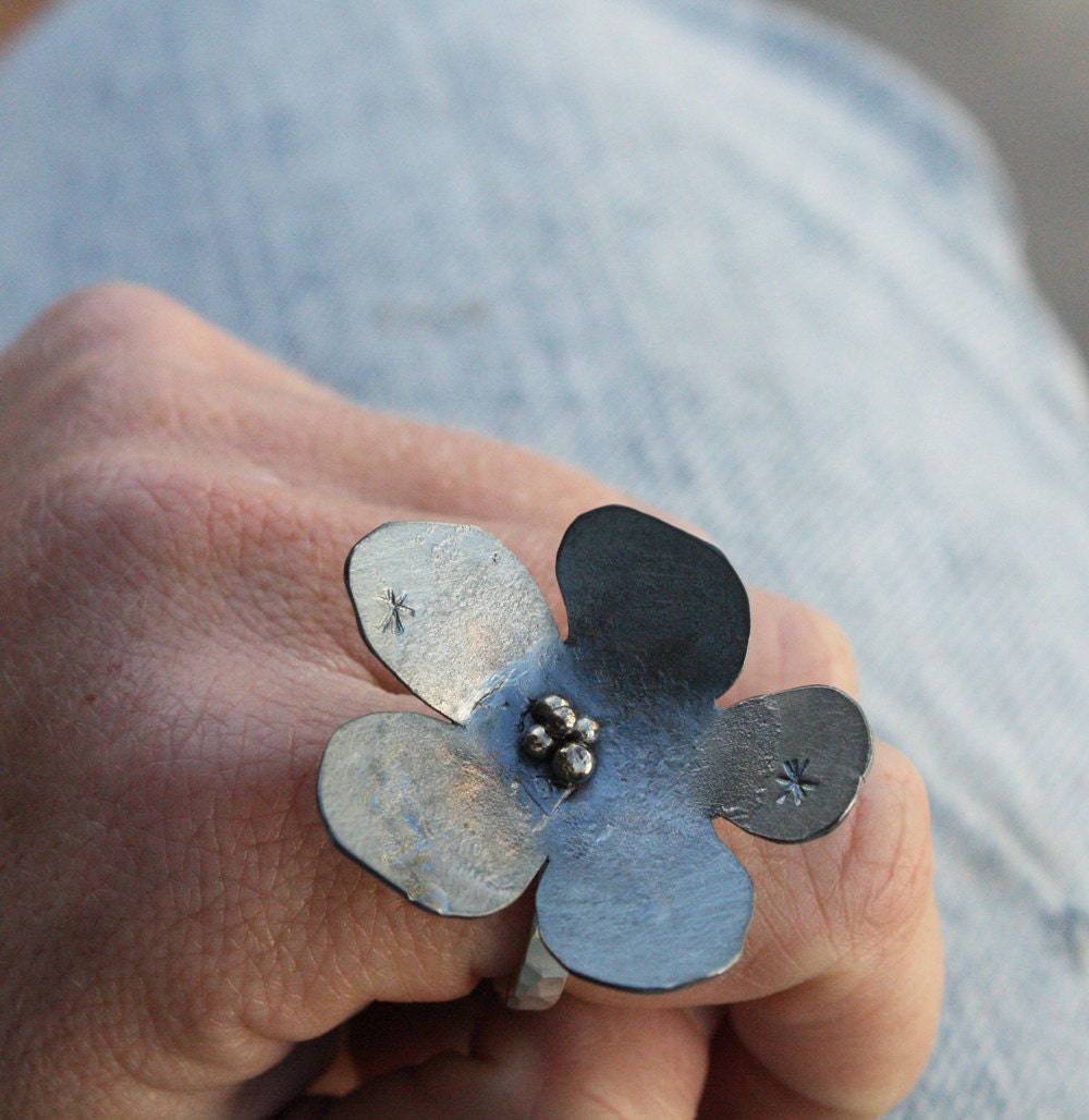 Flower Ring Large Cocktail Ring Oxidized Sterling Silver - Etsy
