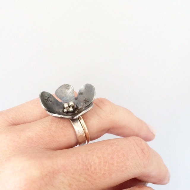 Flower Ring Large Cocktail Ring Oxidized Sterling Silver - Etsy