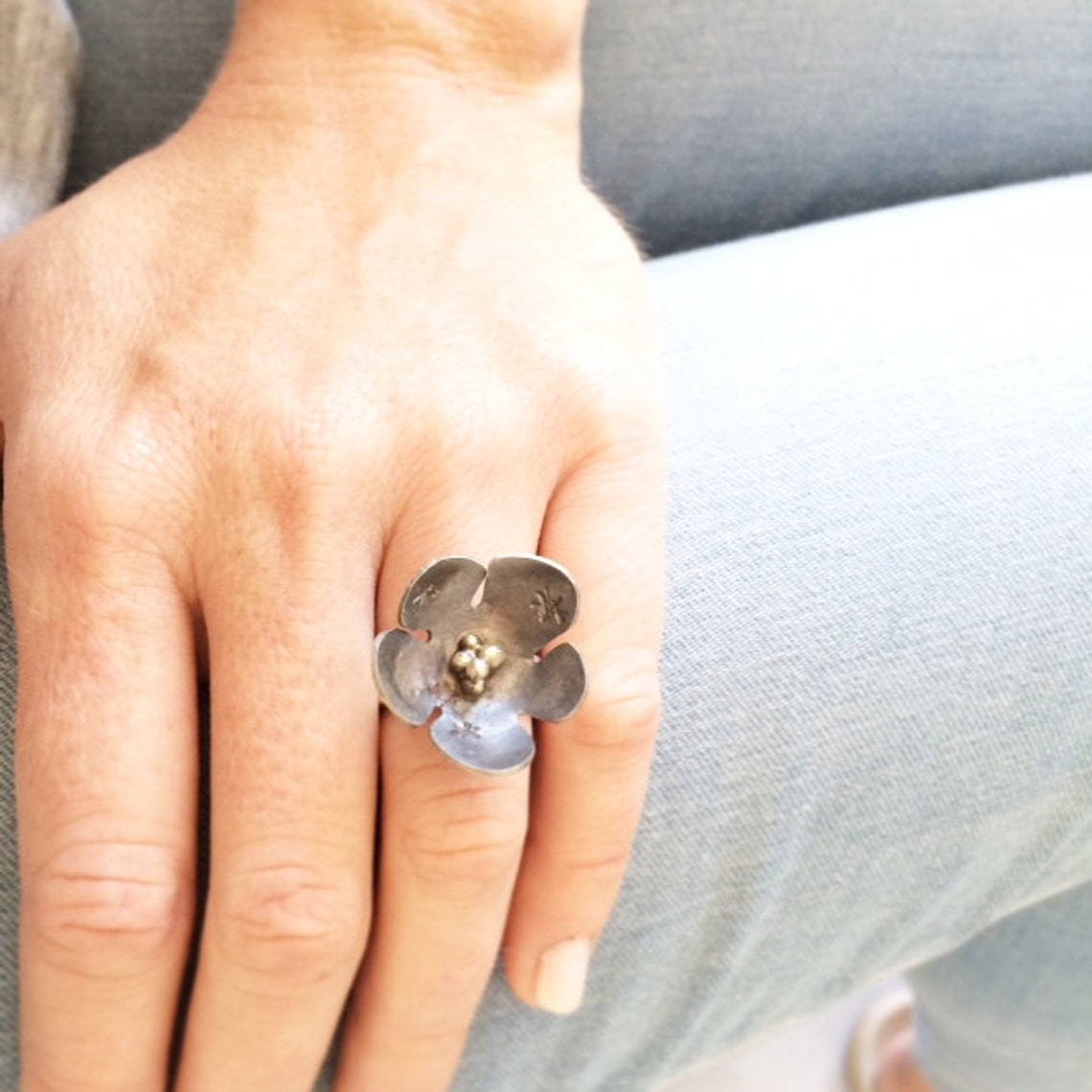 Flower Ring Large Cocktail Ring Oxidized Sterling Silver - Etsy
