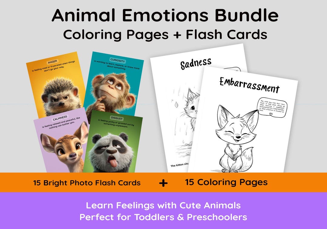 Animal Emotions Bundle | Coloring Pages + Flash Cards | Printable ...