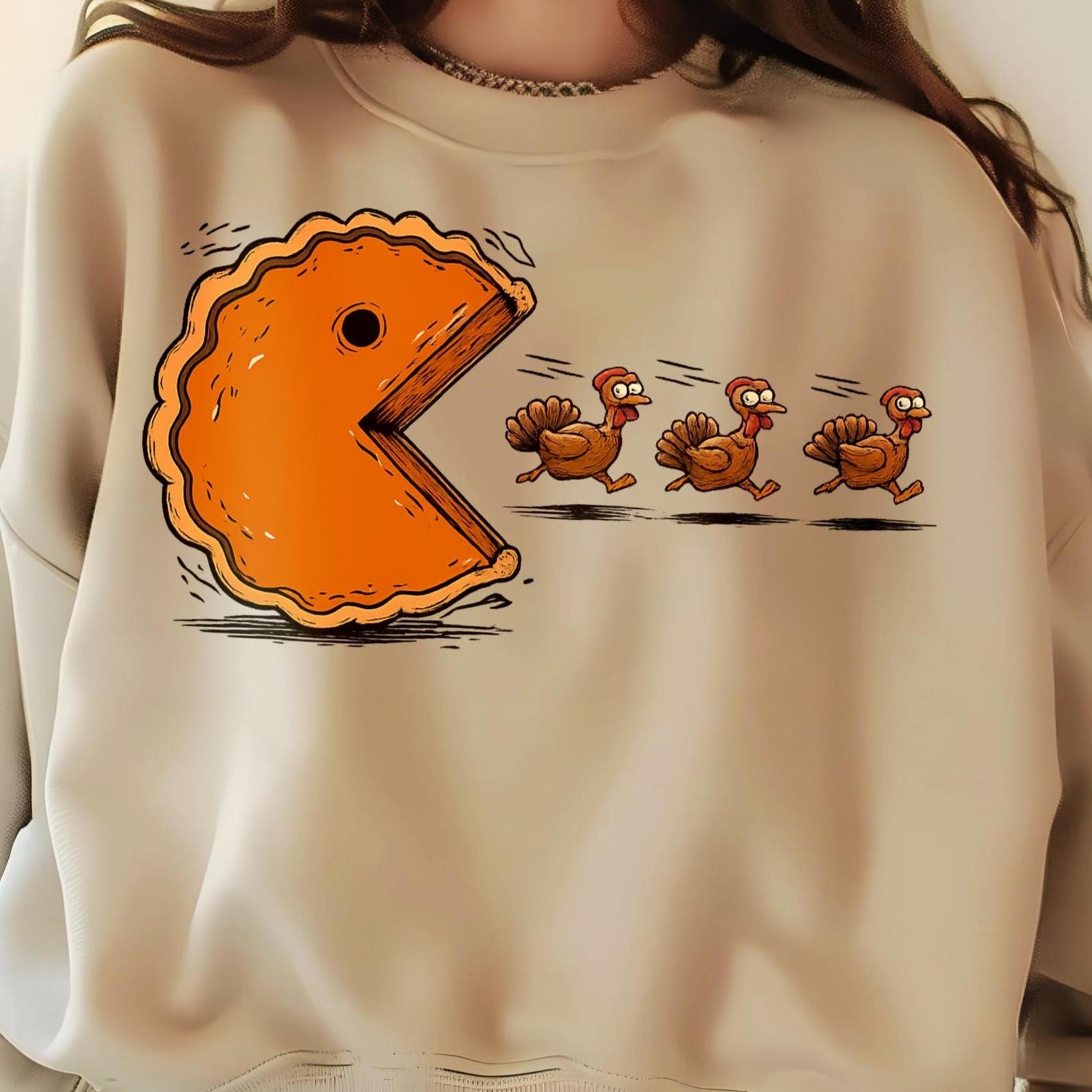 Funny Thanksgiving PNG: Pumpkin Pie Pac-man Chasing Turkeys (digital ...