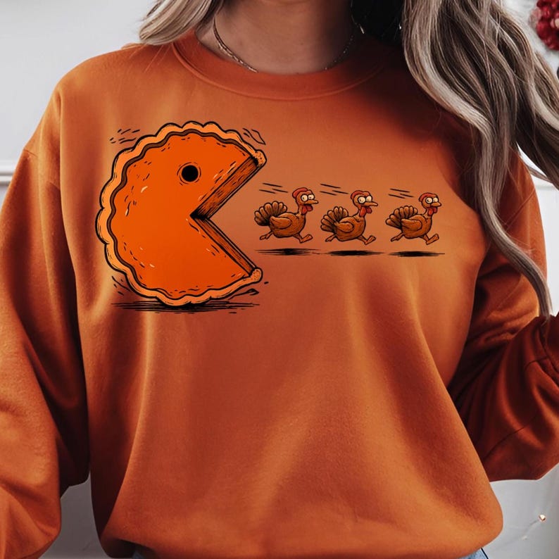 Funny Thanksgiving PNG: Pumpkin Pie Pac-man Chasing Turkeys (digital ...