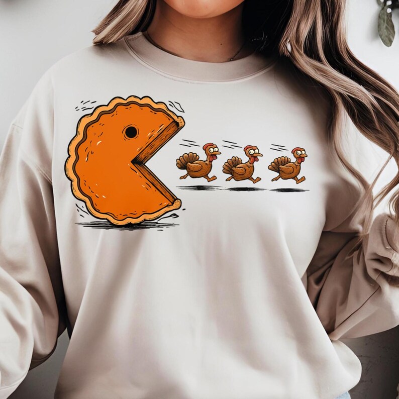 Funny Thanksgiving PNG: Pumpkin Pie Pac-man Chasing Turkeys (digital ...