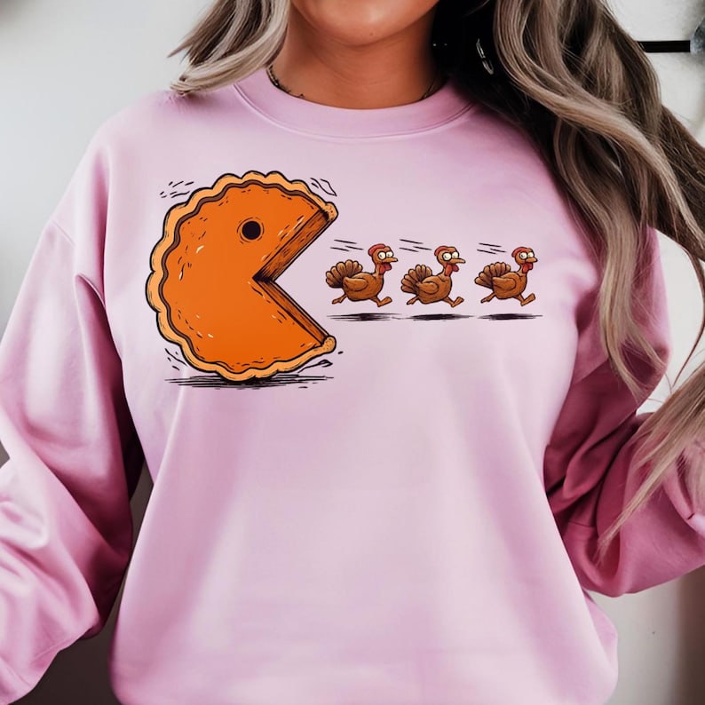 Funny Thanksgiving PNG: Pumpkin Pie Pac-man Chasing Turkeys (digital ...