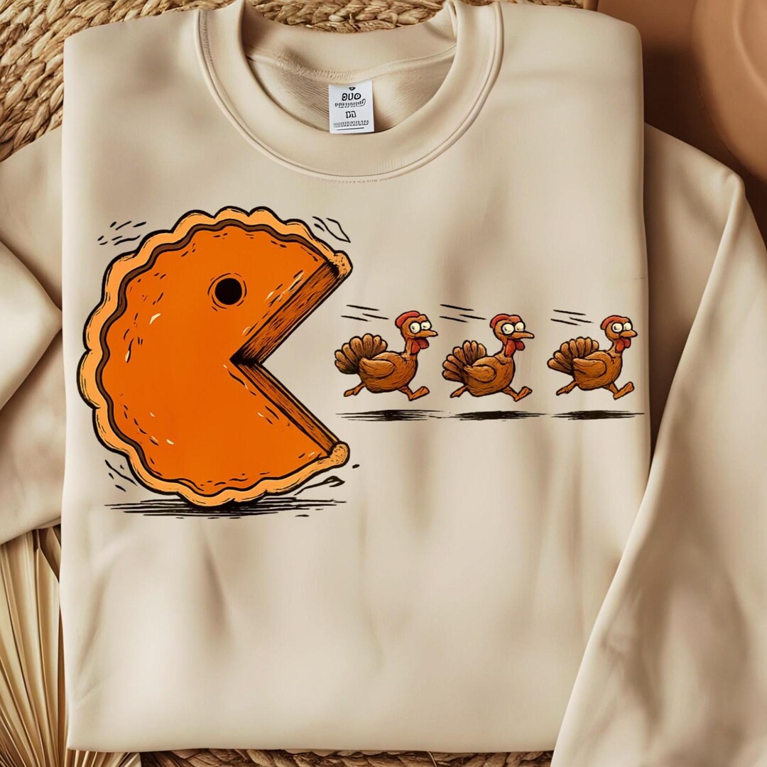 Funny Thanksgiving PNG: Pumpkin Pie Pac-man Chasing Turkeys (digital ...
