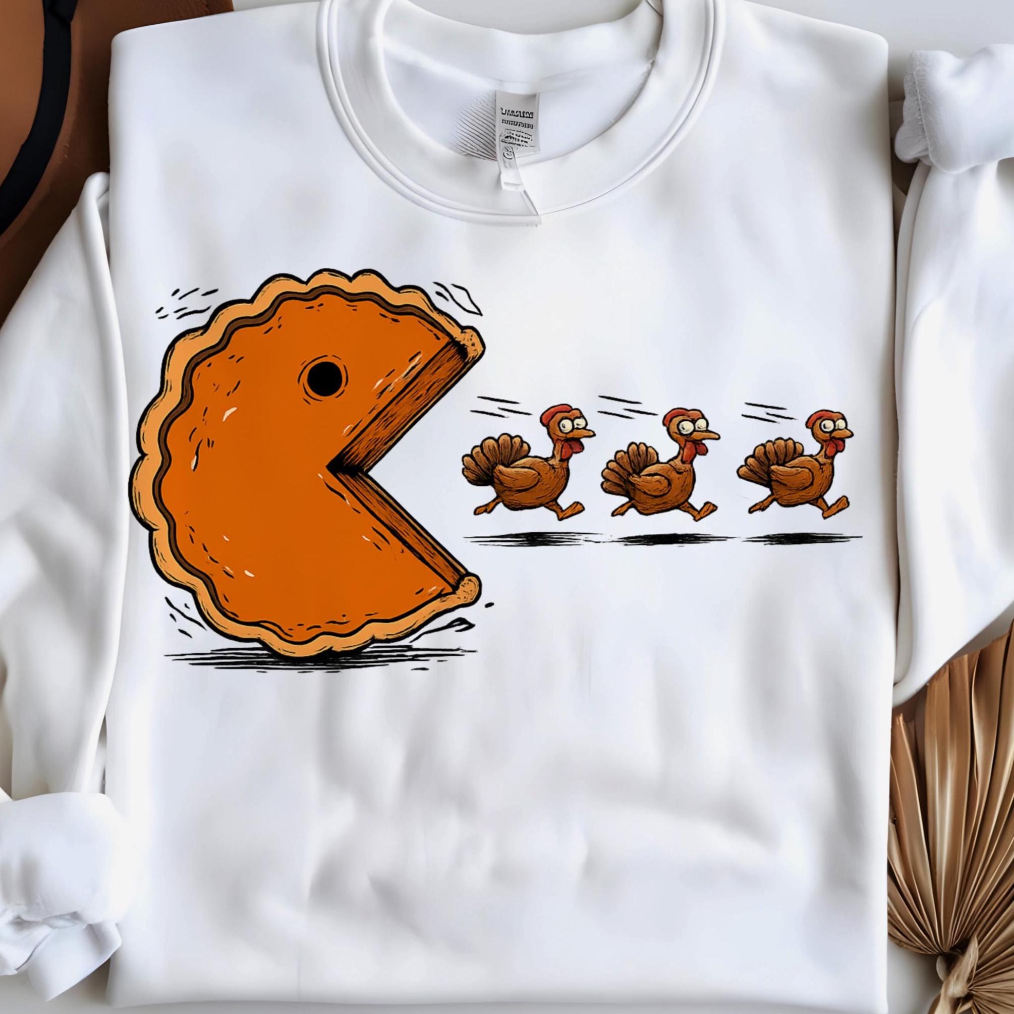 Funny Thanksgiving PNG: Pumpkin Pie Pac-man Chasing Turkeys (digital ...
