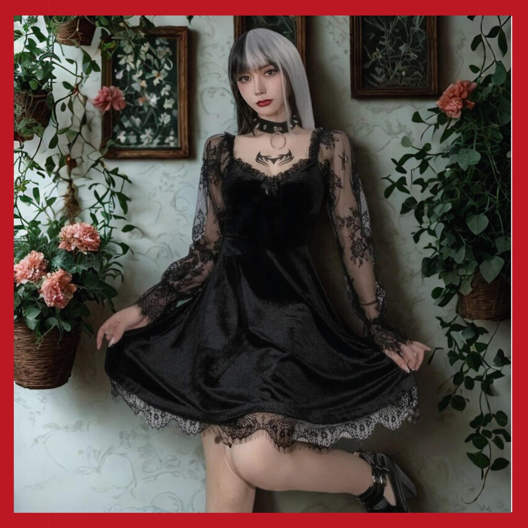 Gothic Velvet Lace Dress: Witchy Vampire Costume, Sheer Sleeves - Etsy