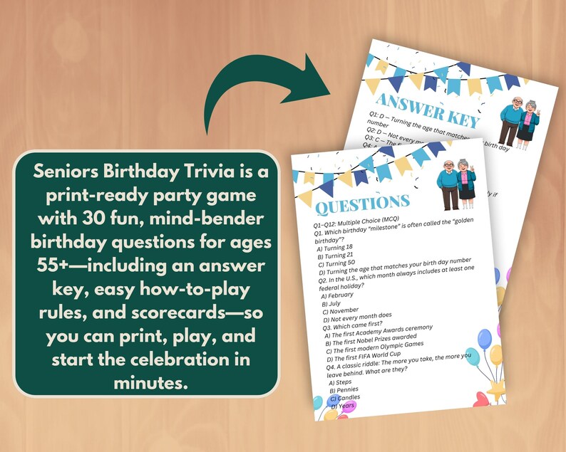 Printable Seniors Birthday Trivia Game | 30 Questions Party Quiz for ...