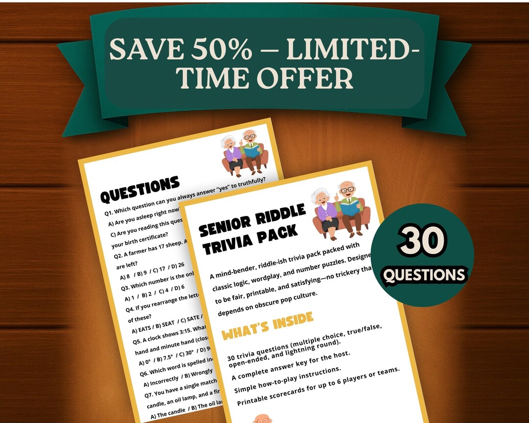 Printable Brain Teasers for Seniors | Senior Riddle Trivia Game Pack ...