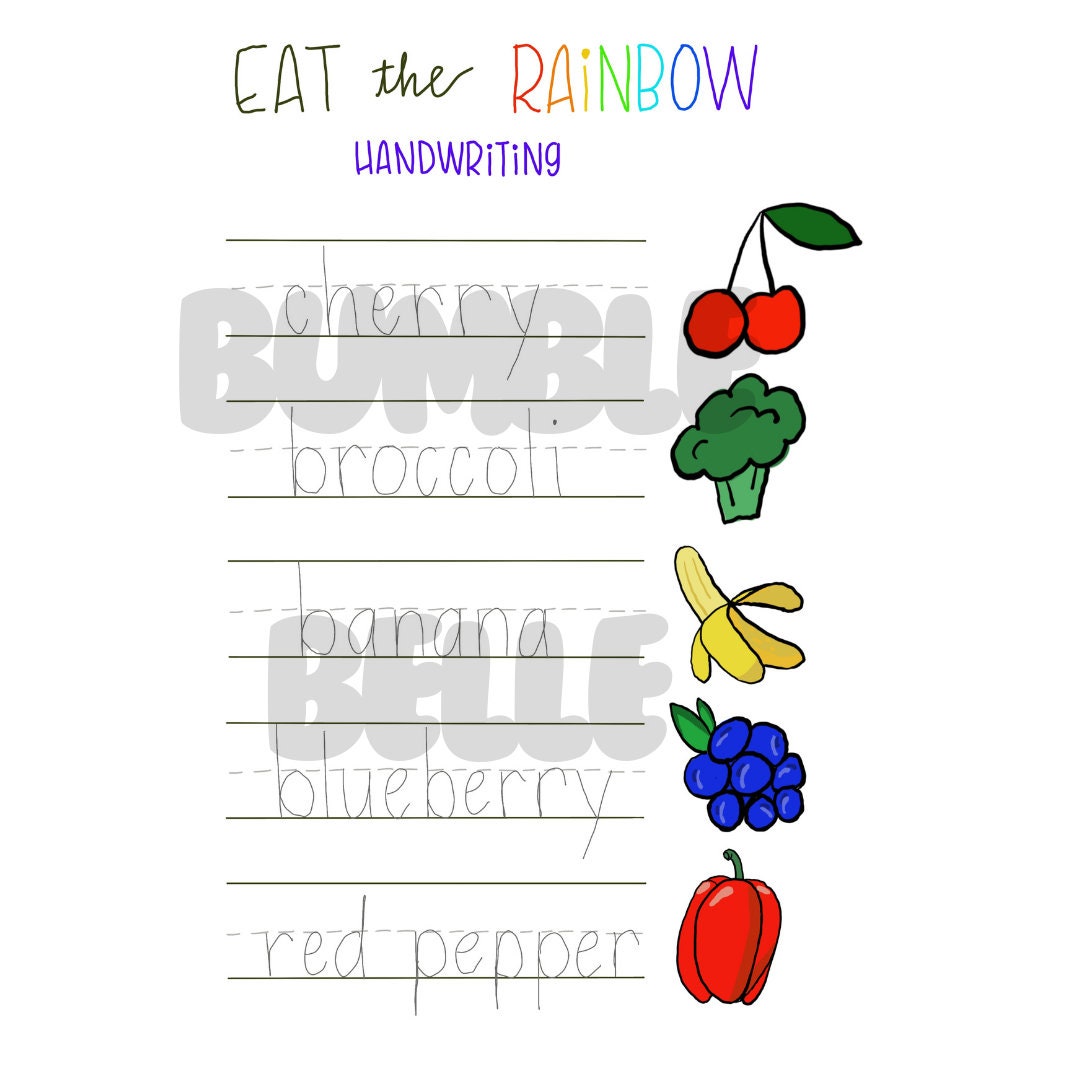 Handwriting Worksheets - Eat the Rainbow, Fruits & Vegetables - Etsy