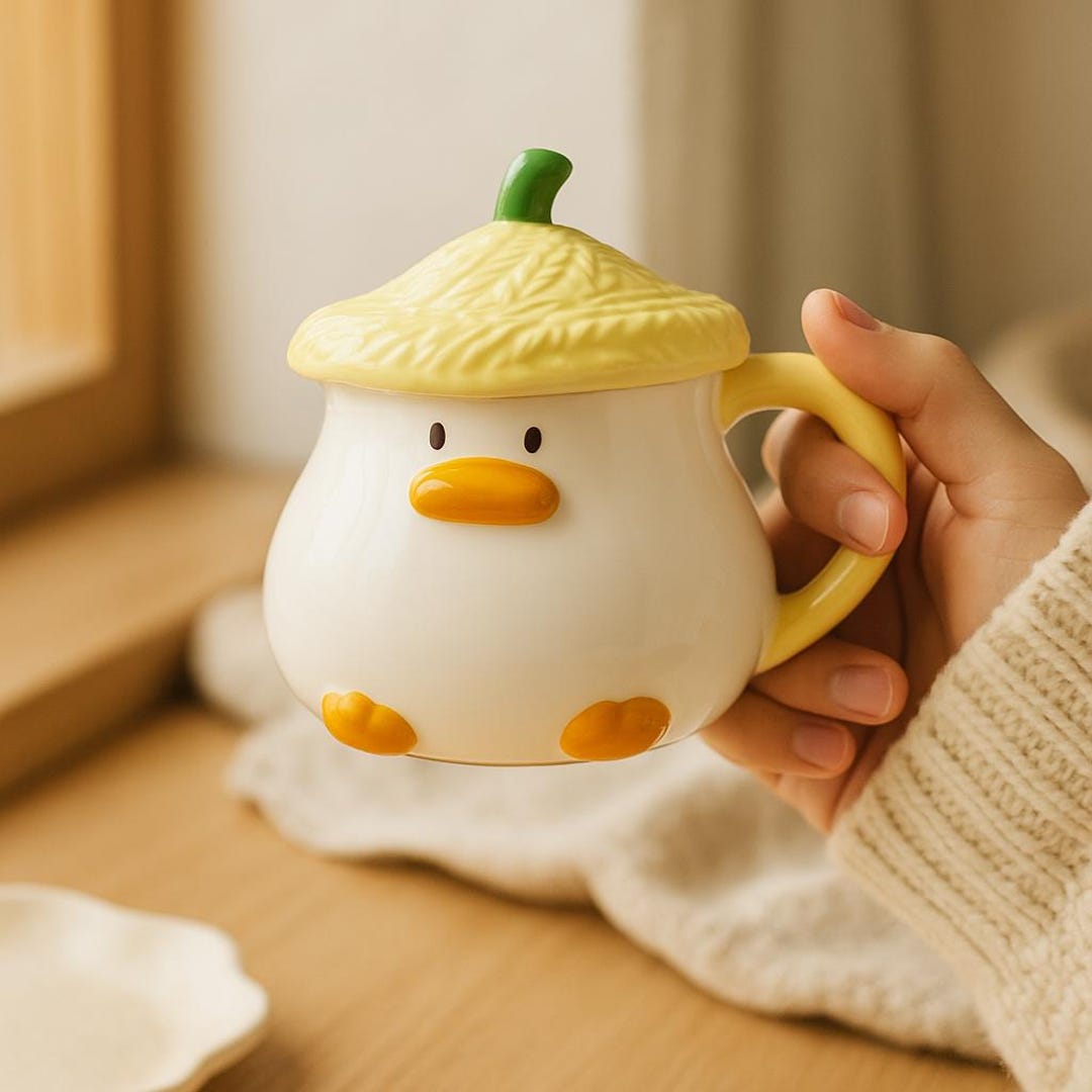 Kawaii Duck Ceramic Mug With Lid | Cute Cartoon 3D Coffee Cup | Tea ...