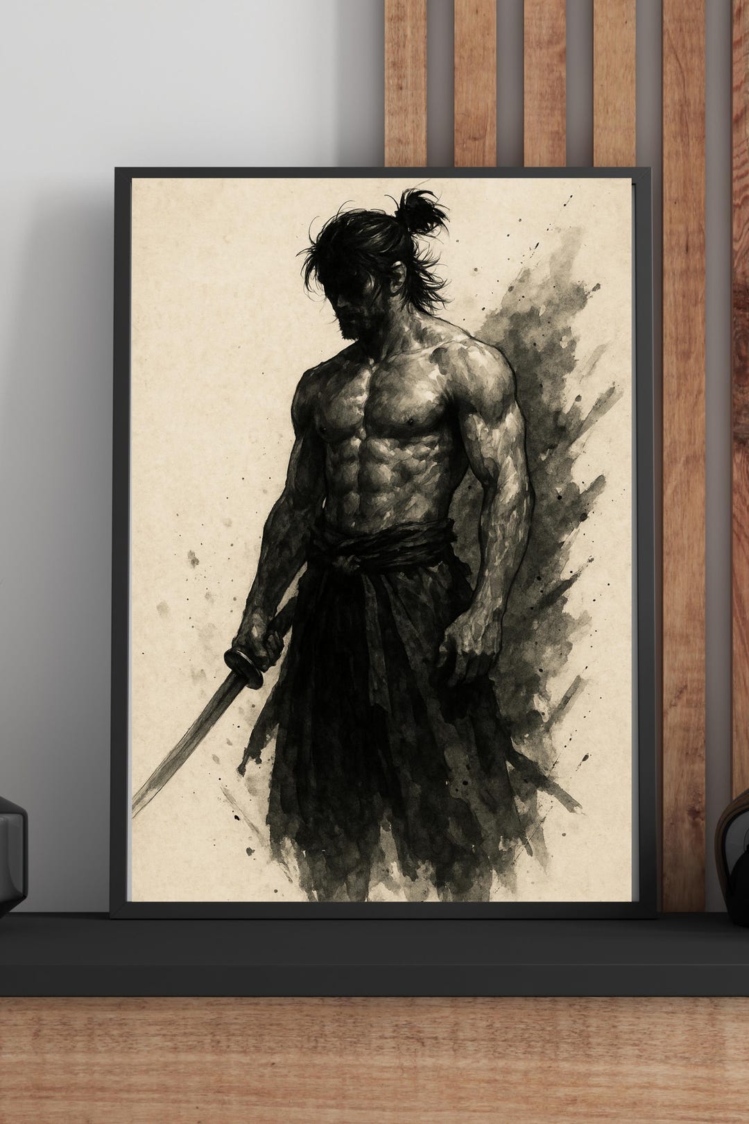 Samurai Ink Painting – Japanese Sumi-e Wall Art, Digital Download ...