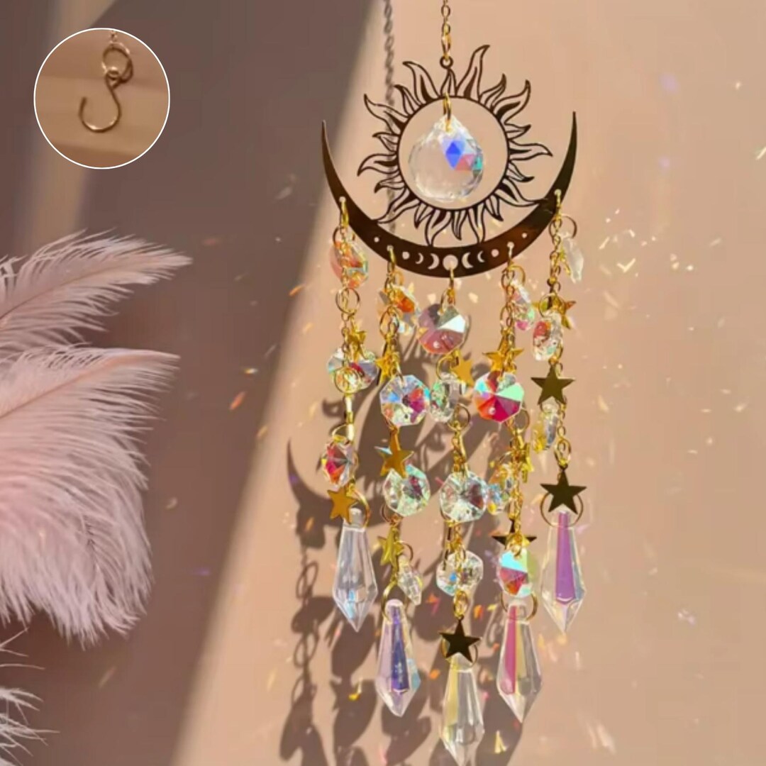 Gold Star Moon Crystal Wind Chime | Big Hanging Room Decor | Hanging ...