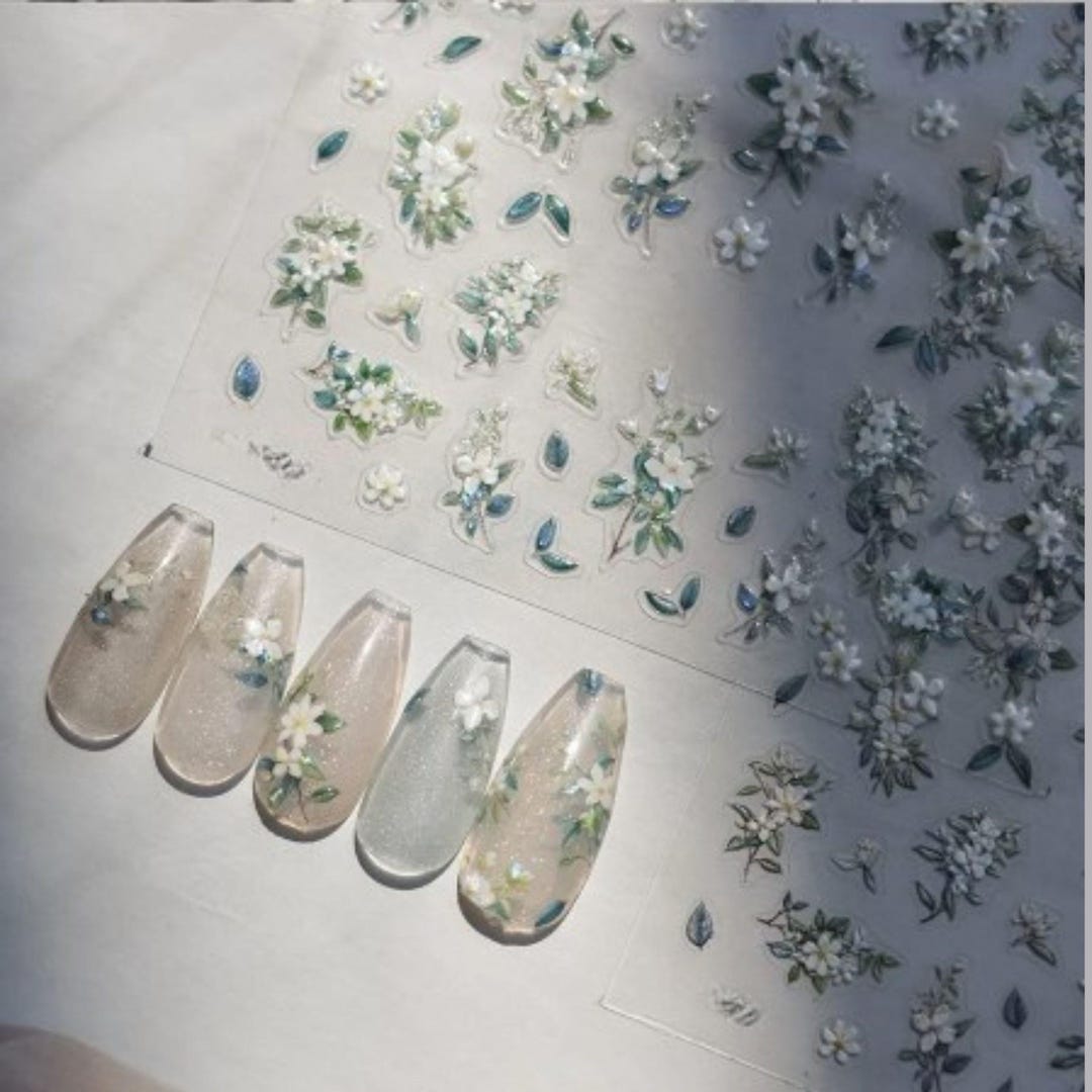 5D Glitter Jasmine Flower Nail Art Stickers, Embossed Floral Nail Art ...