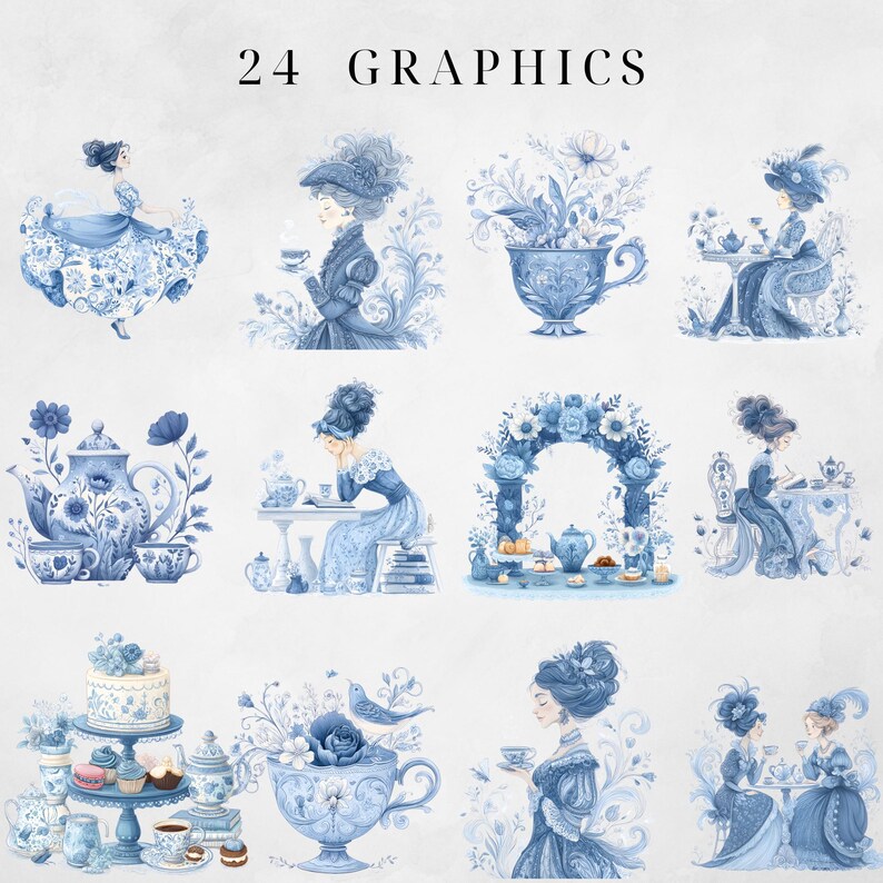 Blue Toile Tea Party Clipart: Vintage Watercolor PNG (digital Download ...