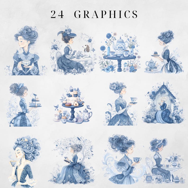 Blue Toile Tea Party Clipart: Vintage Watercolor PNG (digital Download ...