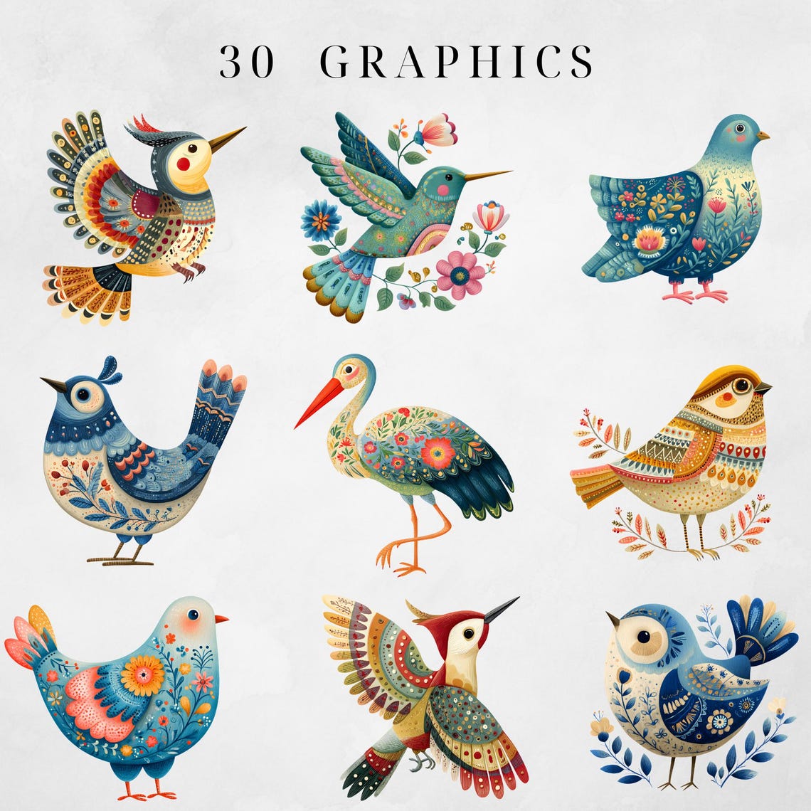 Folk Art Bird Clipart: Colorful Watercolor PNG, Digital Download for ...