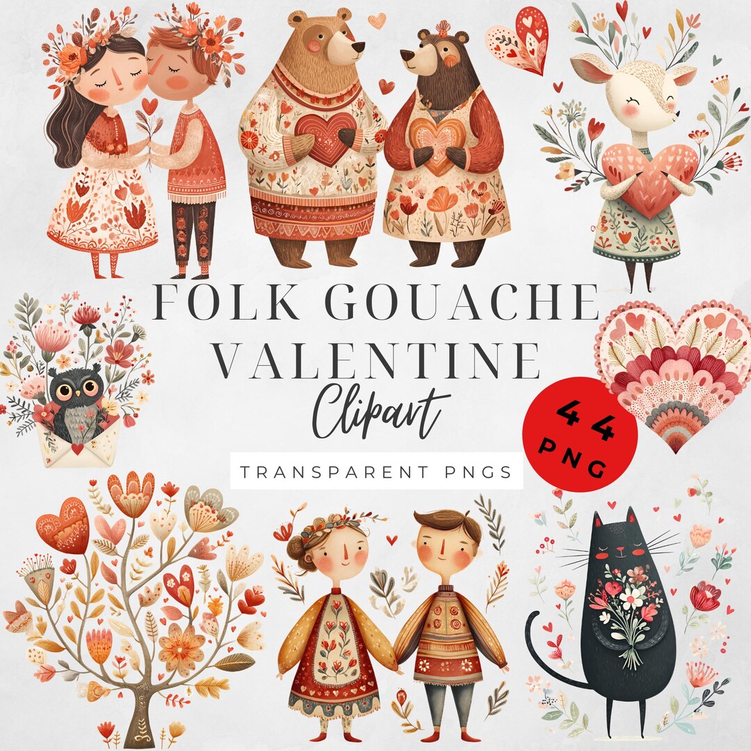 Folk Valentine Clipart Bundle With Gouache Woodland Animals and Cute ...
