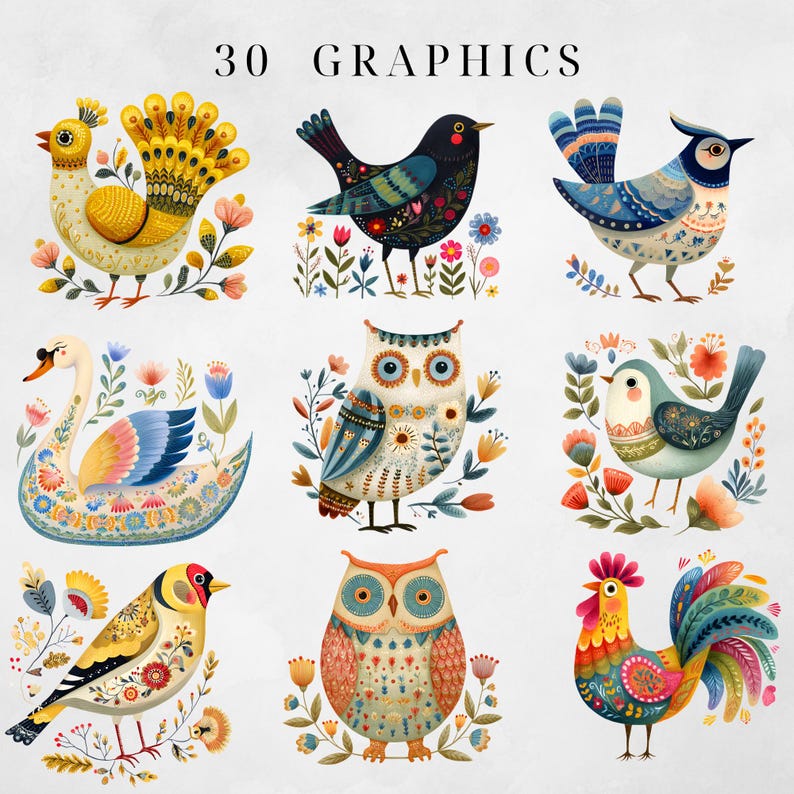 Folk Art Bird Clipart: Colorful Watercolor PNG, Digital Download for ...